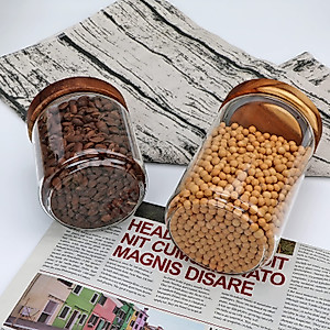 Flrolove Glass Canisters With Wooden Lids Kitchen Jars for Storage ,Tea ,Sugar and Coffee Container Set ,Set of 5 Canisters for Candy, Cookie, Rice and Spice Jars