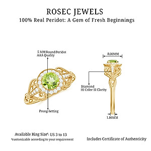 Rosec Jewels Certified Peridot and Diamond Vintage Inspired Engagement Ring | 5 MM | AAA Quality, 14K Yellow Gold, Size:US 9.50