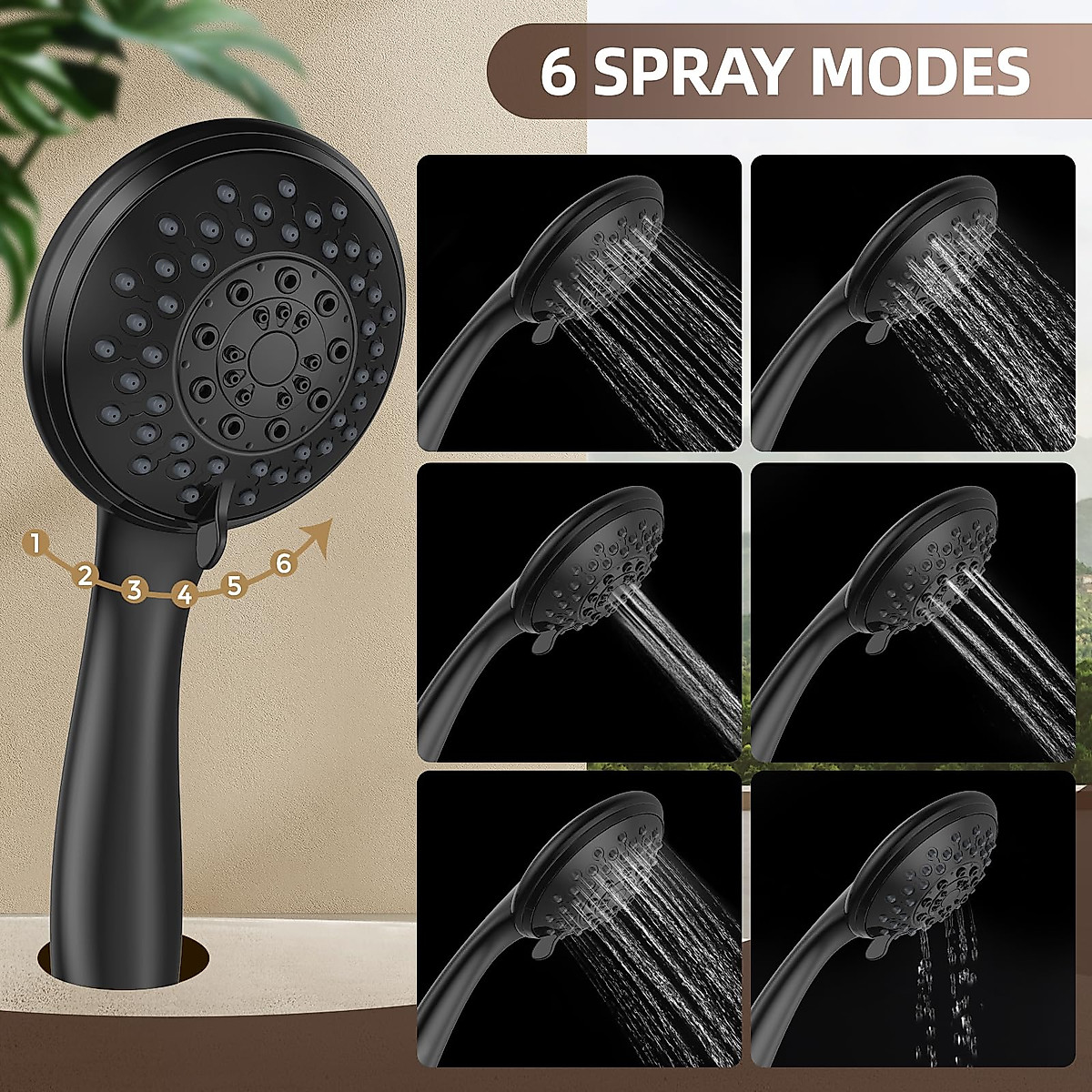 RAINVISTA High Pressure Handheld Shower Head - Matte Black - 6 Functions Detachable Bathroom Shower Head Set with Stainless Steel Hose and Adjustable Shower Arm Bracket