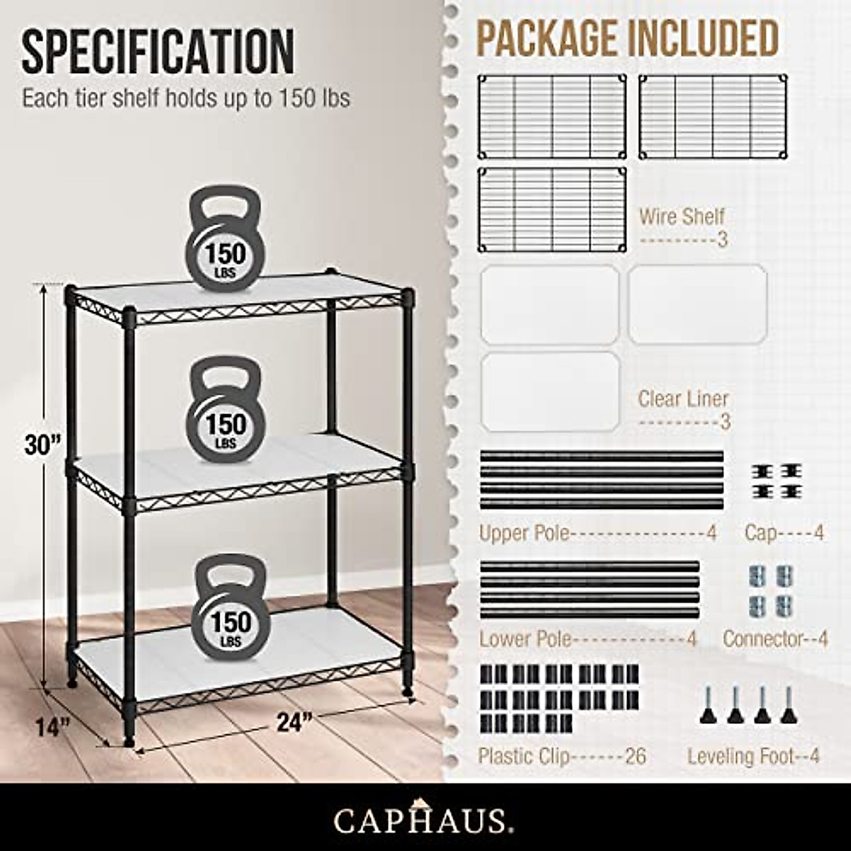 CAPHAUS NSF Adjustable Height Wire Shelving Unit w/Liner, Basement Storage Shelving, Metal Steel Storage Shelves, Garage Shelving Storage Organizer, Utility Shelf, 3-Tier No Wheels W/Liners, Black