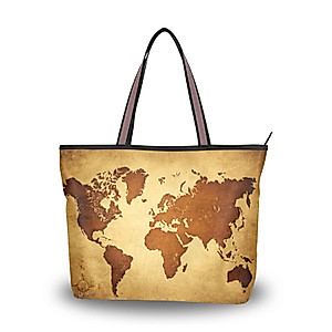 Tote Bag Retro Paper World Map Print, Large Capacity Zipper Women Grocery Bags Purse for Daily Life 2 Sizes