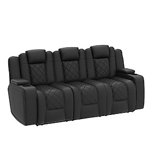 Valencia Oxford Home Theater Seating | 11000 Top Grain Black Leather, Power Recliner, with Drop Down Center Console (Row of 3)
