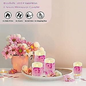 VEEKI Flameless Candles Lights, Set of 3 Cherry Blossoms Romantic LED Candles with Remote & Timer, Flickering LED Pillar Candles Battery Operated, Dimmable Electric Candles Gift for Mom Woman (Pink)