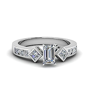 JewelryGift Three Stone Diamond Ring Sterling Silver Created Cubic Zircon Emerald Shape White Color Side Stone Engagement Rings Prong Setting in Size 11 Handcraft Chakra Healing