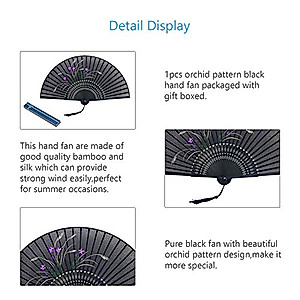 Black Hand Fan Metable Silk Fabric Orchid Pattern Bamboo Handheld Folding Fan Chinese Oriental Style Handmade For DIY Wall Decoration Wedding Party Dancing Show Props Gift Boxed