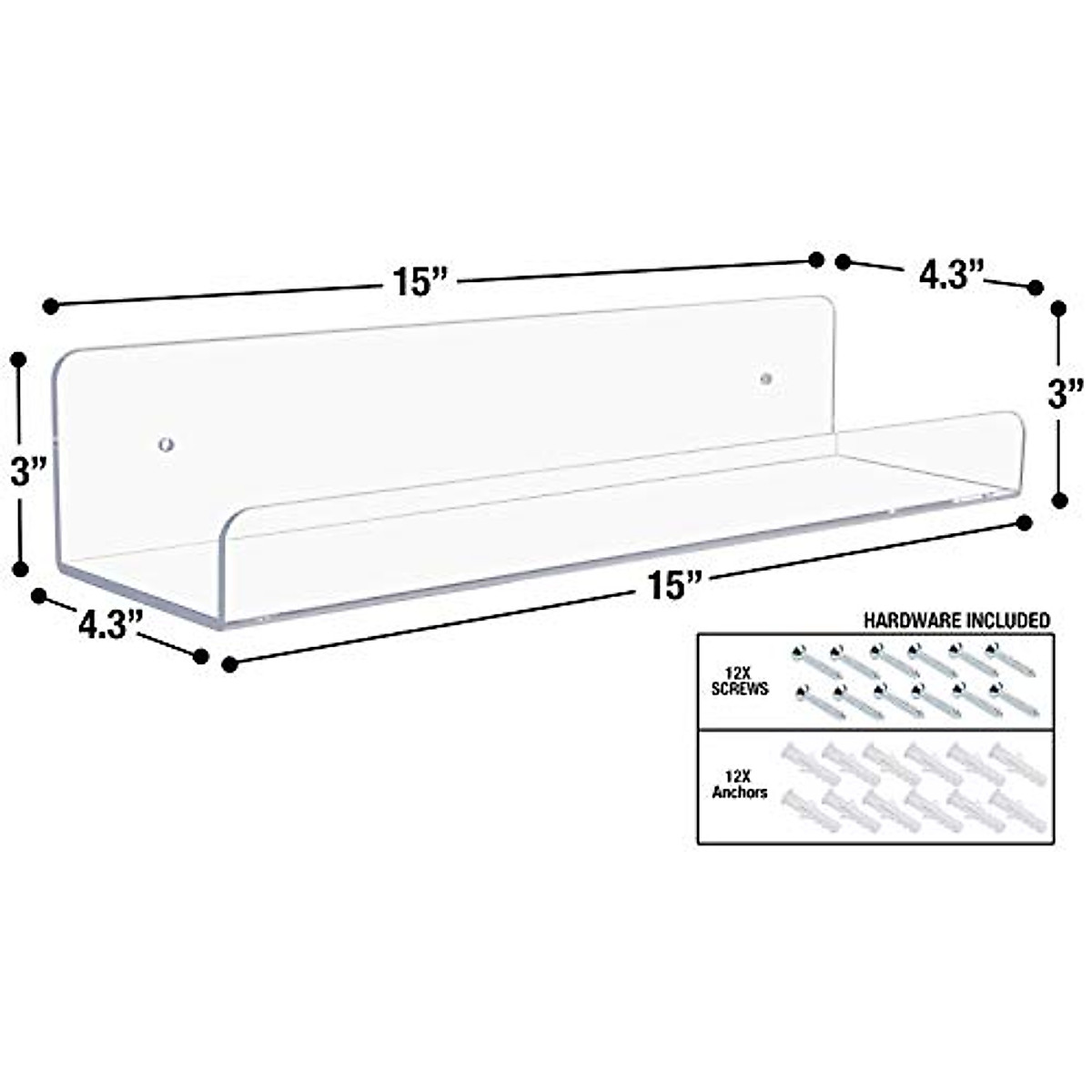 Sorbus Acrylic Wall Ledge Floating Shelf Rack Organizer, Invisible Display Style, for Books, Figurine, Picture Frame Storage, Wall Mounted Shelves for Home, Bathroom, Nail Salon, Spa (15 x 4.3 x 3'')