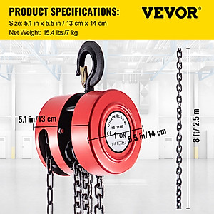VEVOR Hand Chain Hoist, 2200 lbs /1 Ton Capacity Chain Block, 8ft/2.5m Lift Manual Hand Chain Block, Manual Hoist w/Industrial-Grade Steel Construction for Lifting Good in Transport & Workshop, Red