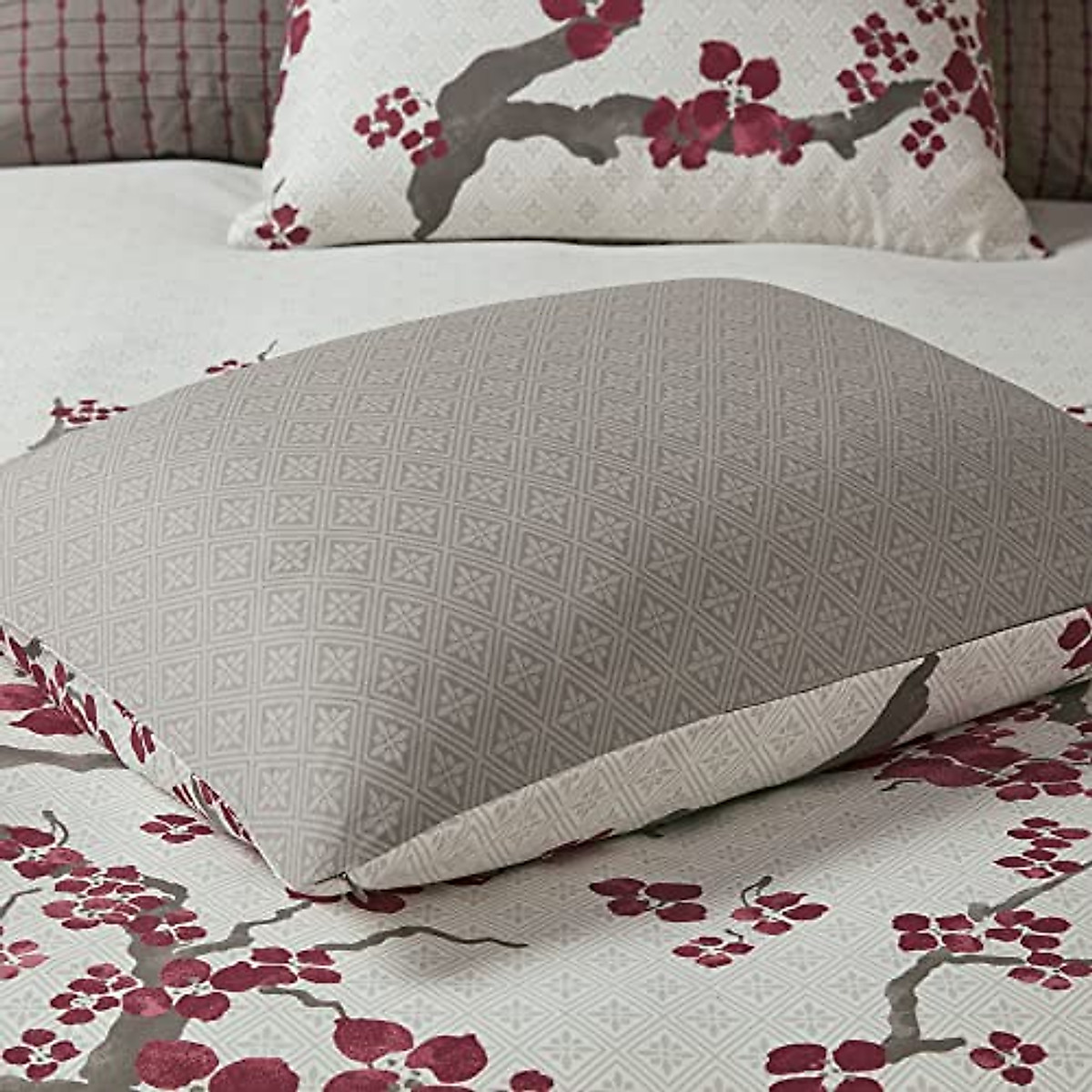 N Natori Cherry Blossom Duvet Cover Queen Size - Red, Grey , Cherry Blossom Duvet Cover Set – 3 Piece – 100% Cotton Sateen Light Weight Bed Comforter Covers