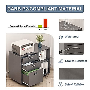 Salfanre 3 Drawer File Cabinet, Wood Filing Cabinet with Lock, Mobile Filing Cabinets, Printer Stand File Cabinet with Shelves, Office File Cabinets for Home Office, Fits A4 Size, Grey