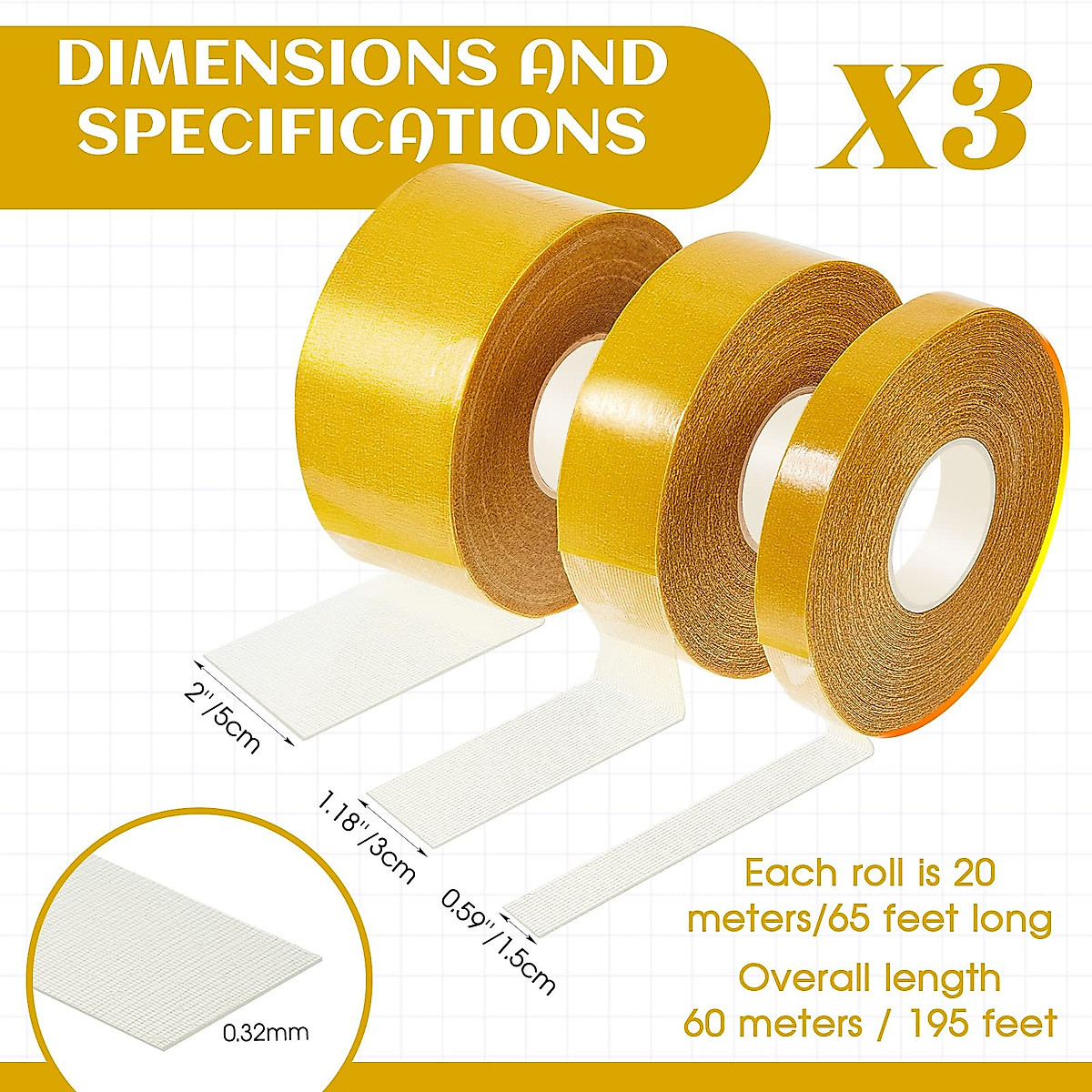 3 Rolls Double Sided Tape Heavy Duty, 0.59/1.18/2 Inch x 66 ft (20m) Clear Fiberglass Mesh Strong Wall Adhesive Tape, Removable Sticky Waterproof Two Sided Mounting Tape for Carpet, Wall, Craft