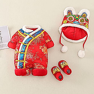 3 Pcs Baby Girls Kids Infant Winter Warm Chinese New Years Lunar Asian Tang Romper Outfit Suit with Hat and Shoes Red