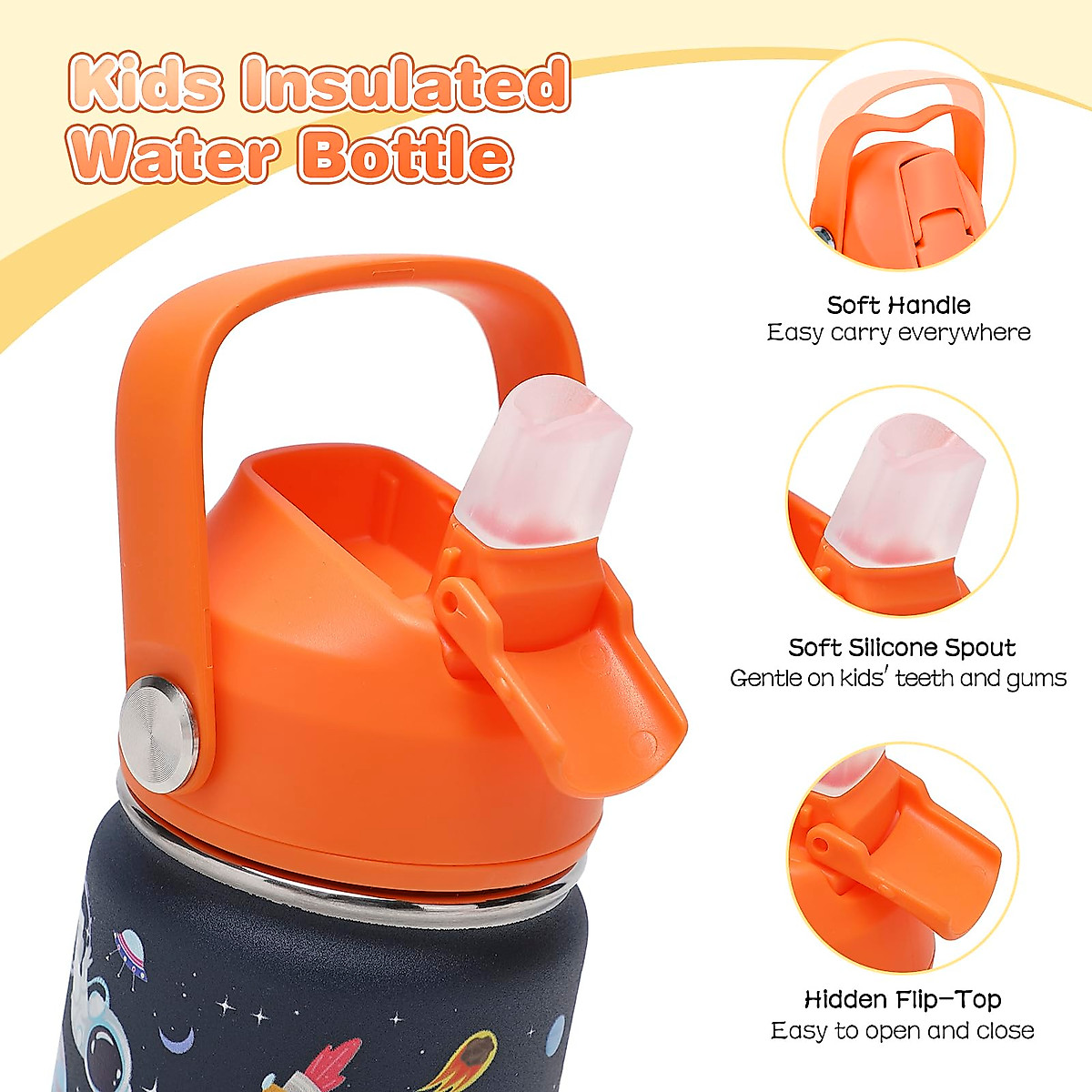 Scothen Kids Insulated Water Bottle with Straw Lid, 14oz Double Wall Vacuum 18/8 Stainless Steel Kids Tumbler, BPA-FREE Leak Proof Toddler Metal Water Bottle Kids Cups for School Travel Boys Girls