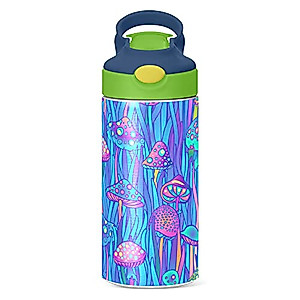 Boccsty Magic Mushrooms Pattern Kids Water Bottle with Straw Lid 60s Hippie Insulated Stainless Steel Reusable Tumbler for Boys Girls Toddlers 12 oz Green