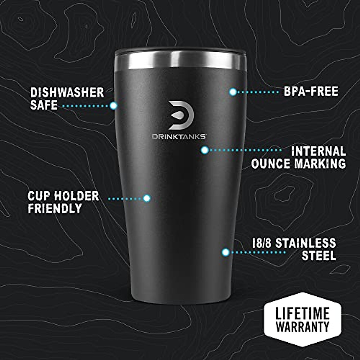DrinkTanks - Insulated Craft Cup, Stainless Steel Cup, 16 oz Tumbler with Lid, Stainless Steel Tumbler for Water, Coffee, Beer, Cocktails, Wine, & Kombucha (Obsidian)