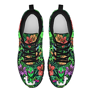 Mens Womens Alien Shoes Running Walking Tennis Sneakers Alien UFO Tropical Hibiscus Flower Shoes Gifts for Women Men,Size 9 Men/10.5 Women Black