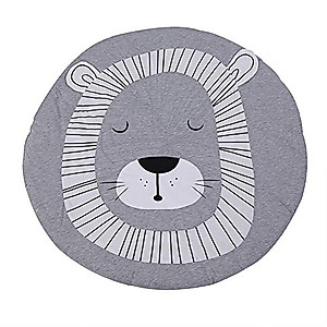 Cartoon Round Animal Pattern Play Rugs Soft Cotton Baby Toddler Play Mat Crawling Blanket for Baby Girl Boy Bedroom Decor (Gray Lion)