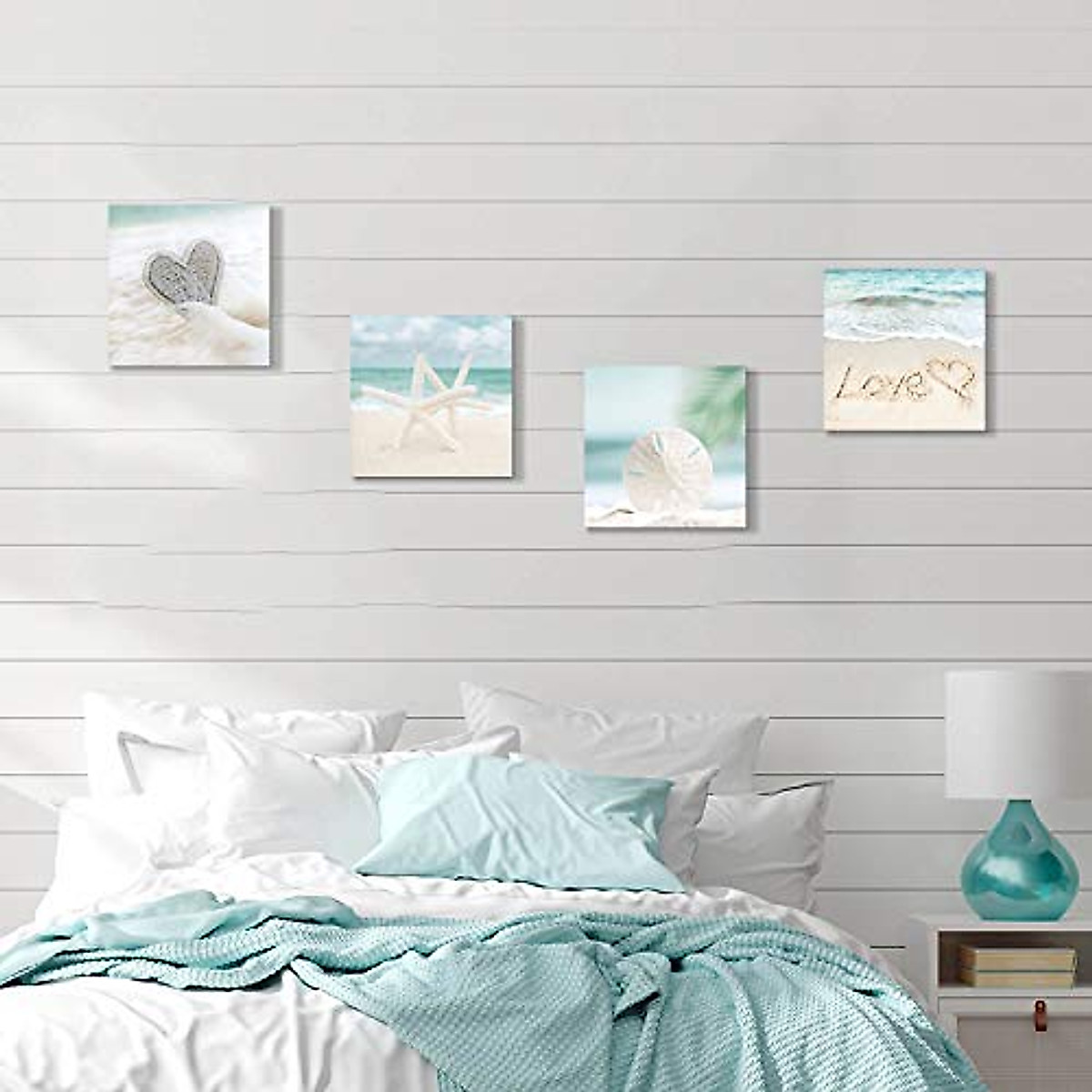 UTOP-art Aqua Beach Seashell Pictures Artwork: Love & Starfish Canvas Print Wall Art for Bathroom (12'' x 12'' x 4 Panels)