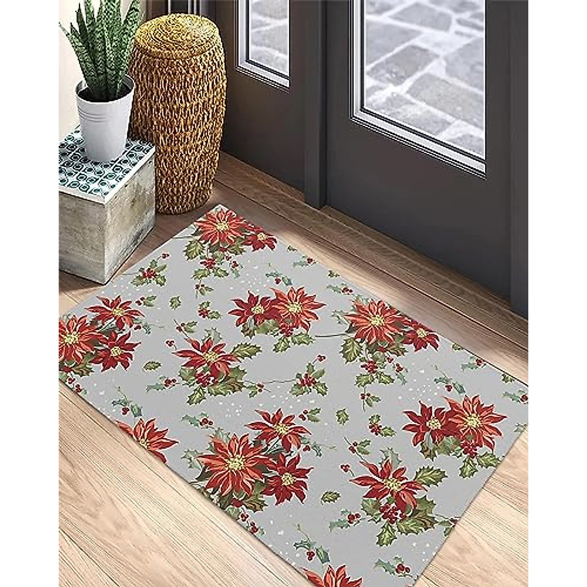 Indoor Outdoor Mats, Christmas Flowers and Leaves Tile Pattern Door Mat, Non-Slip Absorbent Resist Dirt Entrance Mat Washable Welcome Mats for Entryway, Low-Profile Floor Mats