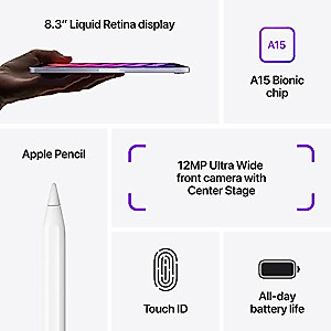 Apple iPad Mini (6th Generation): with A15 Bionic chip, 8.3-inch Liquid Retina Display, 64GB, Wi-Fi 6, 12MP front/12MP Back Camera, Touch ID, All-Day Battery Life – Starlight