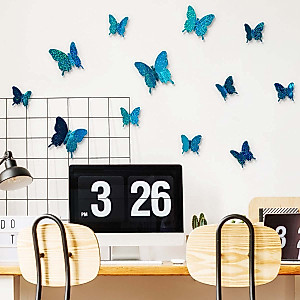 24pcs 3D Butterfly Removable Mural Stickers Wall Stickers Decal for Home and Room Decoration (Indigo)