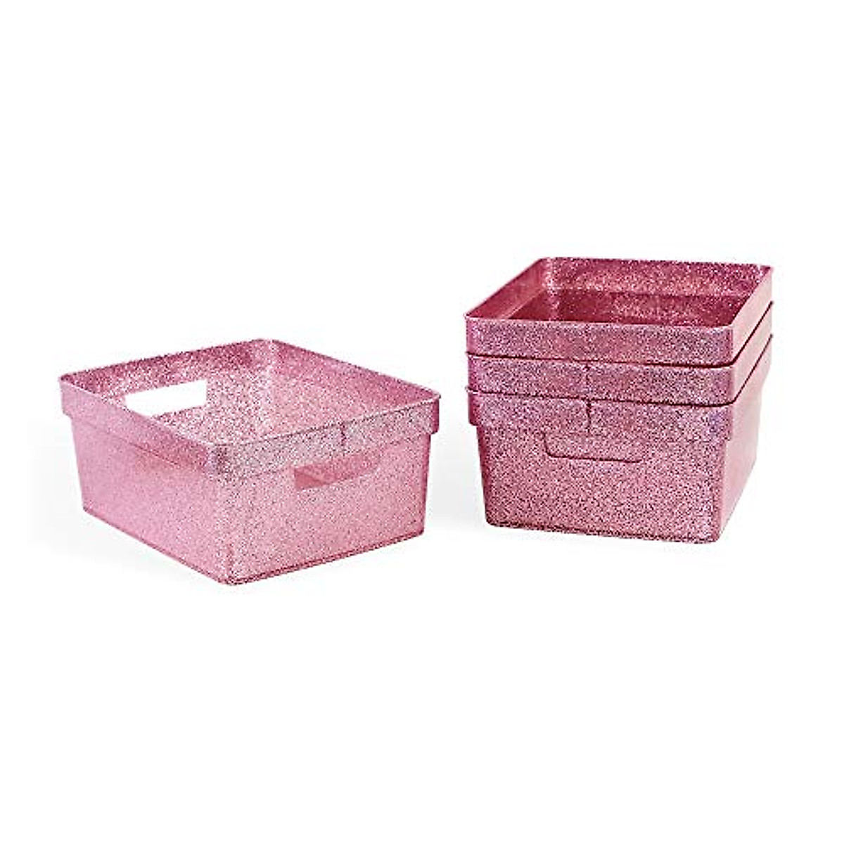 Isaac Jacobs Small Glitter Storage Bin (10” x 7.5” x 4.25”) Set w/Cut-Out Handles, Plastic Organizer, Multi-Functional, Home Storage Solution, Kids Playroom, Bedroom, Closet (4, Pink)