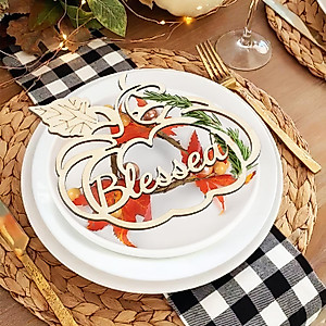 12 Pcs Thanksgiving Pumpkin Wooden Plate Decor Grateful Wood Cutouts Fall Autumn Thankful Blessed Favour Gather Party Place Card Table Settings Signs for Farmhouse Dining Table Holiday Harvest