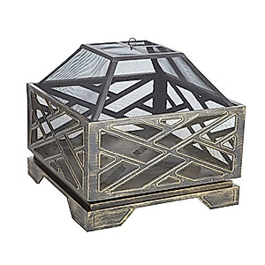 Fire Sense 62239 Fire Pit Catalano Wood Burning Lightweight Portable Outdoor Firepit Backyard Fireplace for Camping Bonfire Included Screen Lift Tool & Cooking Grate - Square - Antique Bronze Finish