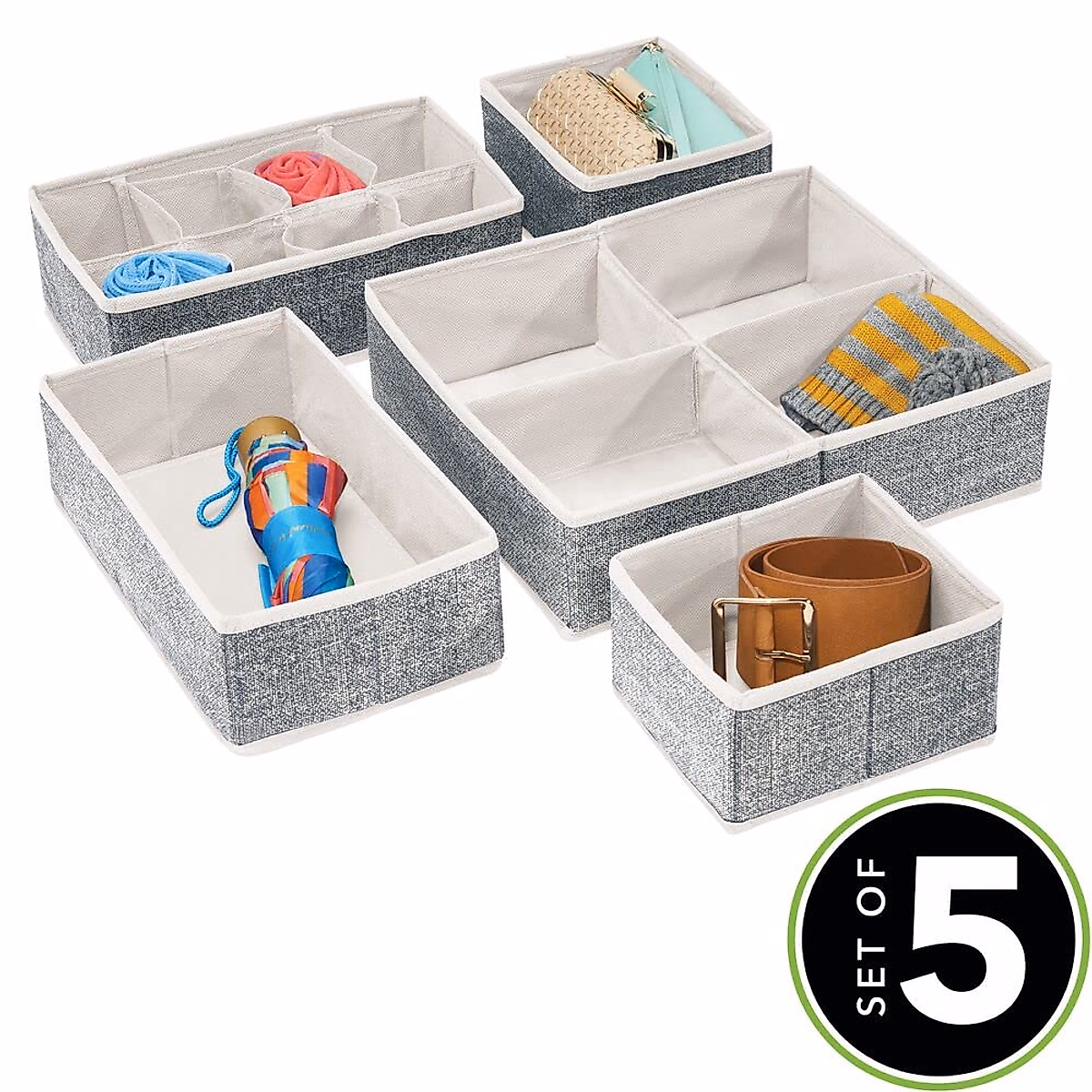 mDesign Soft Fabric Dresser Drawer/Closet Divided Storage Organizer Bins for Nursery - Holds Blankets, Bibs, Socks, Lotion, Clothes, Shoes, Toys, Jane Collection - Set of 5 - Cream/White