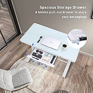 FARRAY Electric Glass Standing Desk with Drawer, 45 x 24 Inch Adjustable Height Desk with Power Strip & USB Ports, White Stand Up Desk, Sit Stand Desk Glass Top