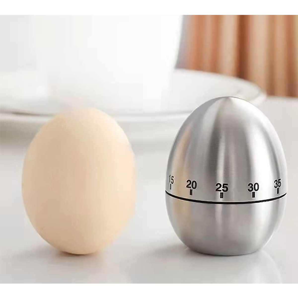 Egg Timer Stainless Steel Mechanical Rotating Alarm 60 Minutes Count Down Timer for Cooking Learning Egg Kitchen Timer（Silver，Egg Shape）