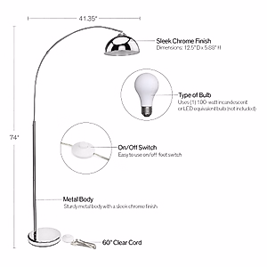 Catalina 18563-000 Mid-Century Modern Over The Sofa Curved Metal Arc Floor Lamp with Heavy Base for Living, Dorm Room, Office, 76", Chrome