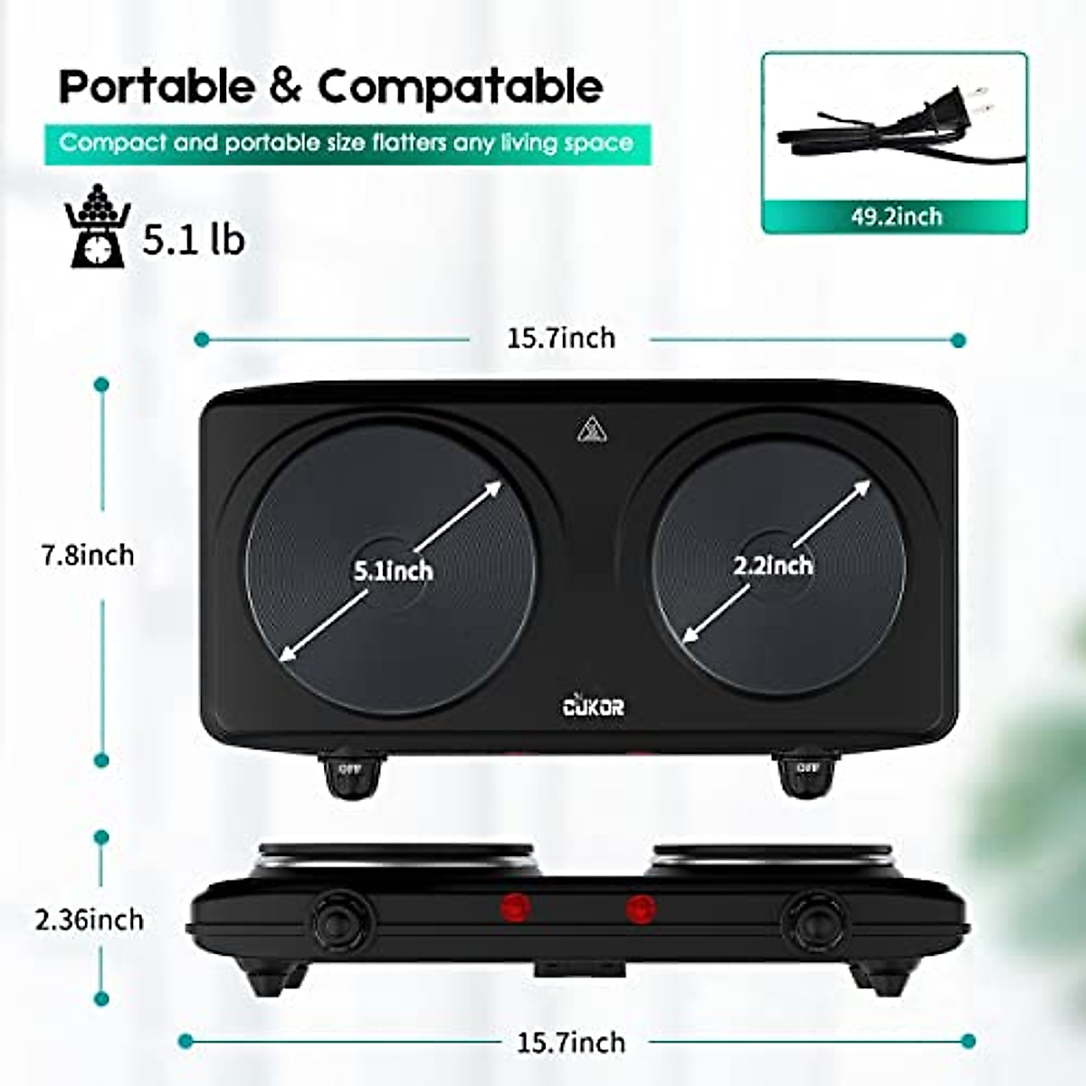 CUKOR Electric Hot Plate, 1800W Countertop Burner, Dual Electric Stove, Portabel Electric Cooktop,Portabel Double Burner for Cooking