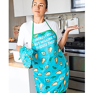 Introverted But Willing To Discuss Tacos Funny Cinco De Mayo Graphic Kitchen Accessories Funny Graphic Kitchenwear Funny Food Novelty Cookware Blue Oven Mitt