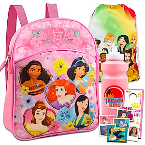 Disney Princess Mini Backpack and Drawstring Bag for Girls - Bundle with 11” Disney Princess Mini Backpack, Drawstring Bag, Water Bottle, Stickers, More | Princess Backpack for Girls
