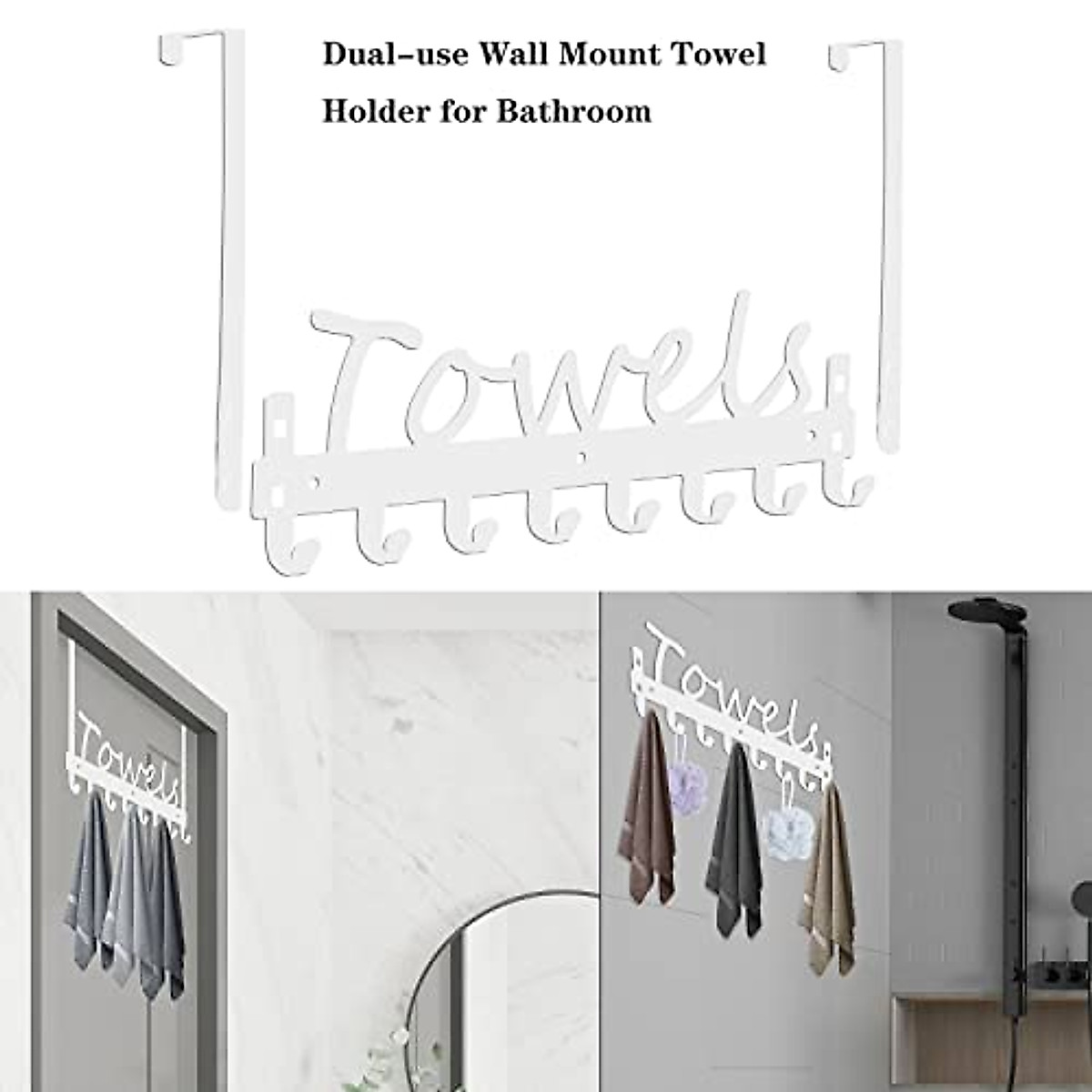 Over The Door Towel Hooks, Towel Rack Wall Mount Towel Holder for Bathroom, Kitchen, Metal Bath Organizer for Door Robe Hooks(White)