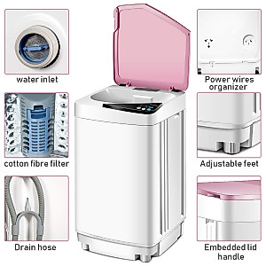 SAFEPLUS Full-Automatic Portable Washing Machines, 7.7 lbs Load Capacity Mini Washer Machine with Spin and Built in Barrel Light for Dorms Apartments RV and Camping（Pink)