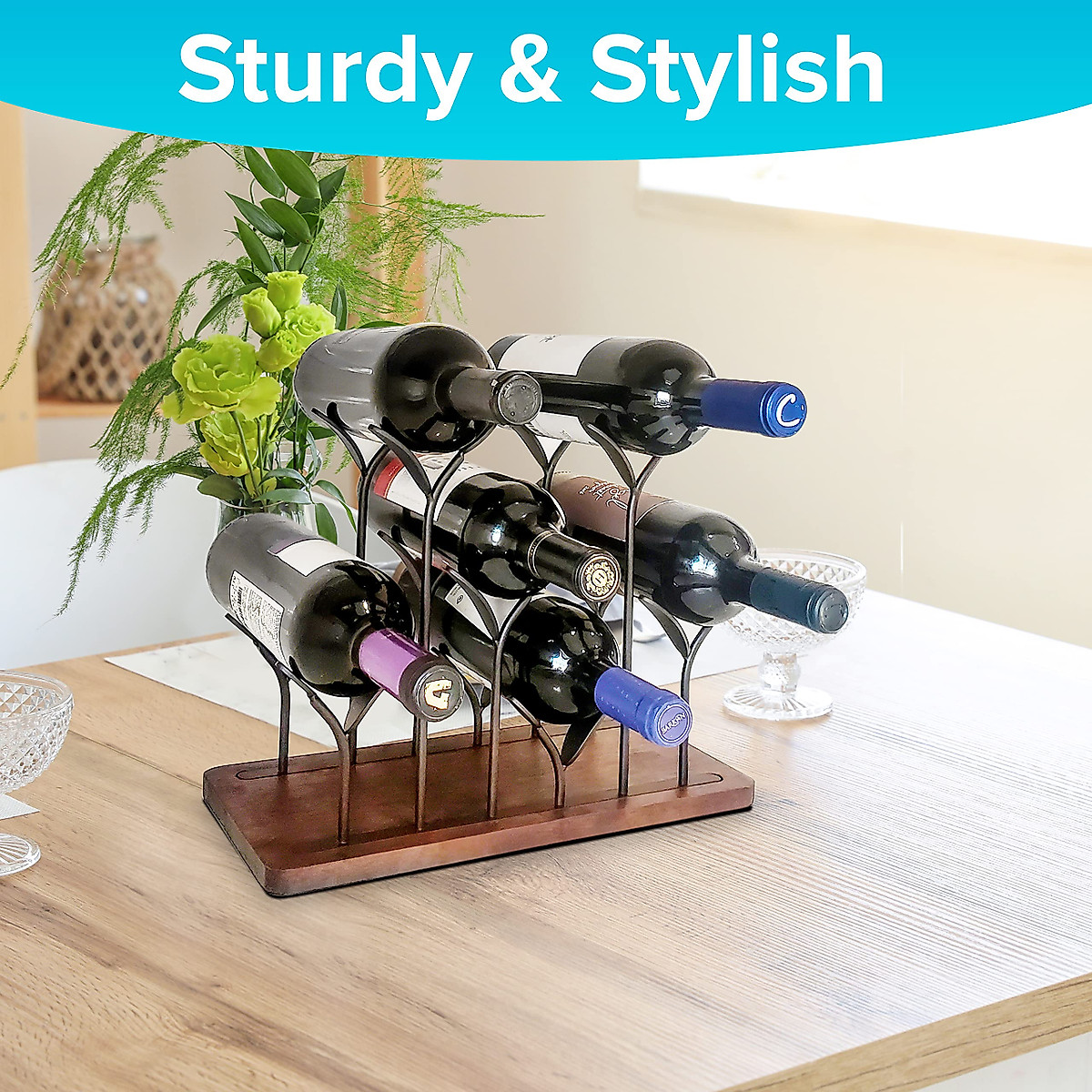 Kovot Tabletop Bottle Rack, 6 Wine Bottle Holder, Dark Brown Wood Base with Black Iron Branches, Countertop Home Decor Kitchen Storage Rack, Bar, Cellar, Cabinet, Pantry