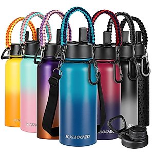 32 oz Insulated Water Bottle with Paracord Handles & Strap, 2 Lids(Straw Lid&Spout Lid), Stainless Steel Reusable Wide Mouth Metal Water Bottle With Straw, Double Walled, Thermo Mug(Dark Night)