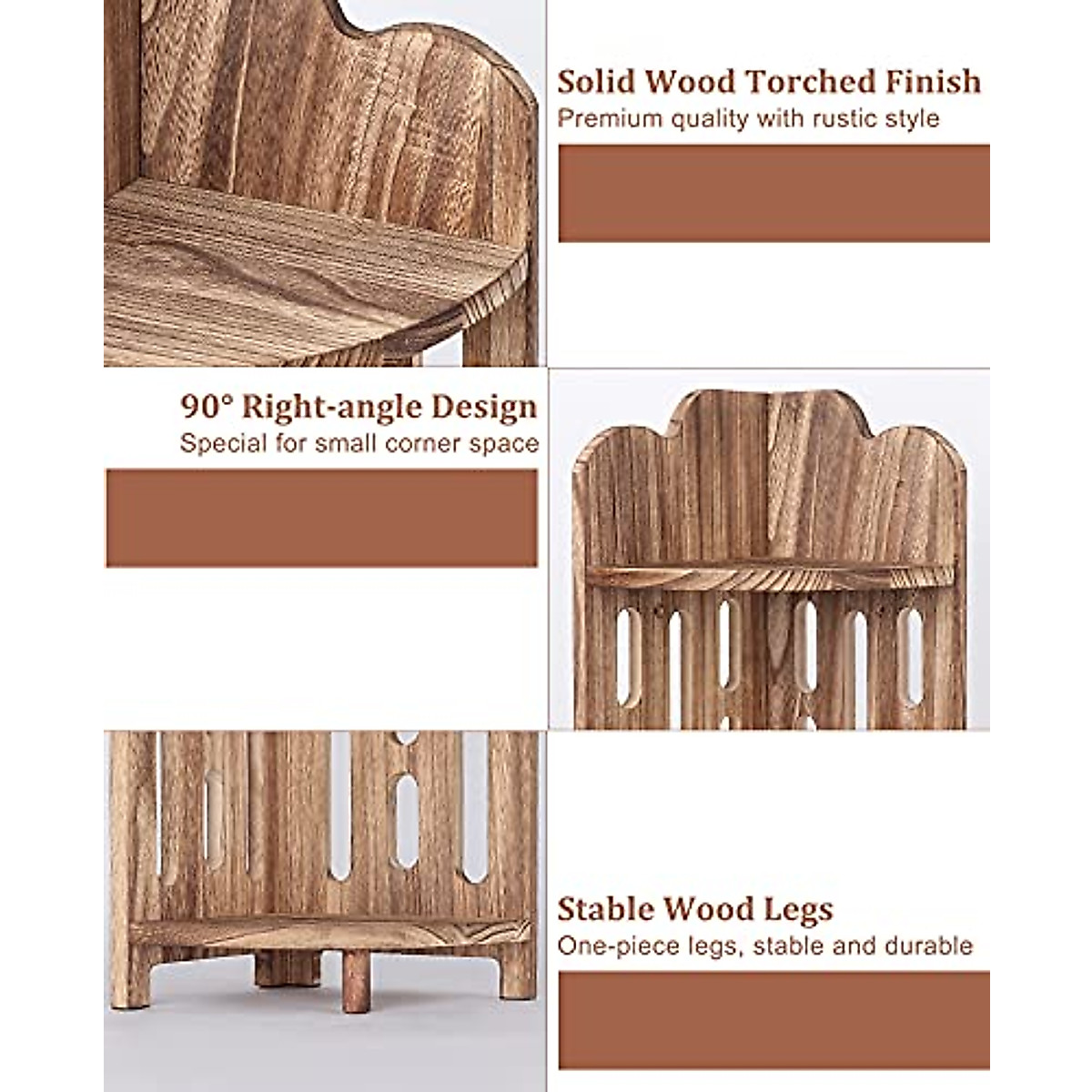 Meangood Bathroom Corner Shelf Stand, 3 Tier Solid Wood Display Shelf for Narrow Space, Shower Corner Shelf, Plant Stand Nightstand, for Living Room, Bedroom, Home Office, Elegant Carbonized Black