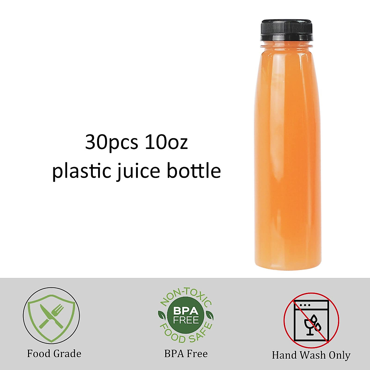 BPFY 30 Pack 10oz Empty Plastic Juice Bottles with Caps Reusable Clear Beverage Containers with Black Tamper Evident Lids, Funnel, Plastic Smoothie Bottles for Juice, Milk, Water, Coffee
