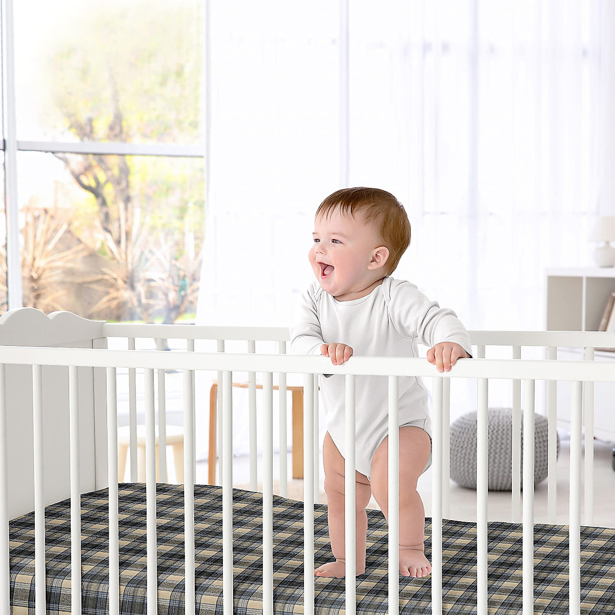 Sweet Jojo Designs Blue and Tan Woodland Plaid Flannel Baby or Toddler Fitted Crib Sheet for Rustic Patch Collection