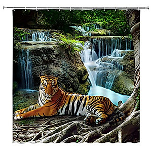 Waterfall Tiger Shower Curtain Wild Animal Tiger Nature Green Forest Tree Lake Tropical Landscape Misty Jungle Rainforest Spring Summer Scenery Fabric Bathroom Decor Curtain with Hooks