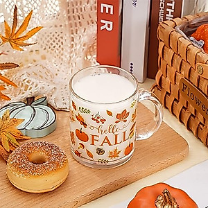 Whaline Fall Glass Coffee Mugs with Handle Pumpkin Maple Leaf Coffee Cups Autumn Harvest Drinking Glasses Beverage Mugs for Fall Thanksgiving Iced Coffee Soda Cocktail Whiskey Tea Water Wine, 12oz