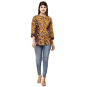 Vihaan IMPEX Yellow Floral Printed Hot Tunic Casual Kurti Top for Women Shirt for Ladies