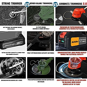 Airbike Brush Cutter Weed Wacker Weed Eater Edger Lawn Tool (Upgraded Version), Multi-Purpose, Lightweight, for Lawn, Yard, Garden, Shrub Trimming and Pruning (Red Blade Trimmer + 2 Batteries)