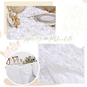 Rosette Tablecloth White 50x80 Inches Rectangular 3D Floral Satin Rosette Fabric Table Cover Grandiose Wedding Party Baby Shower Decorations