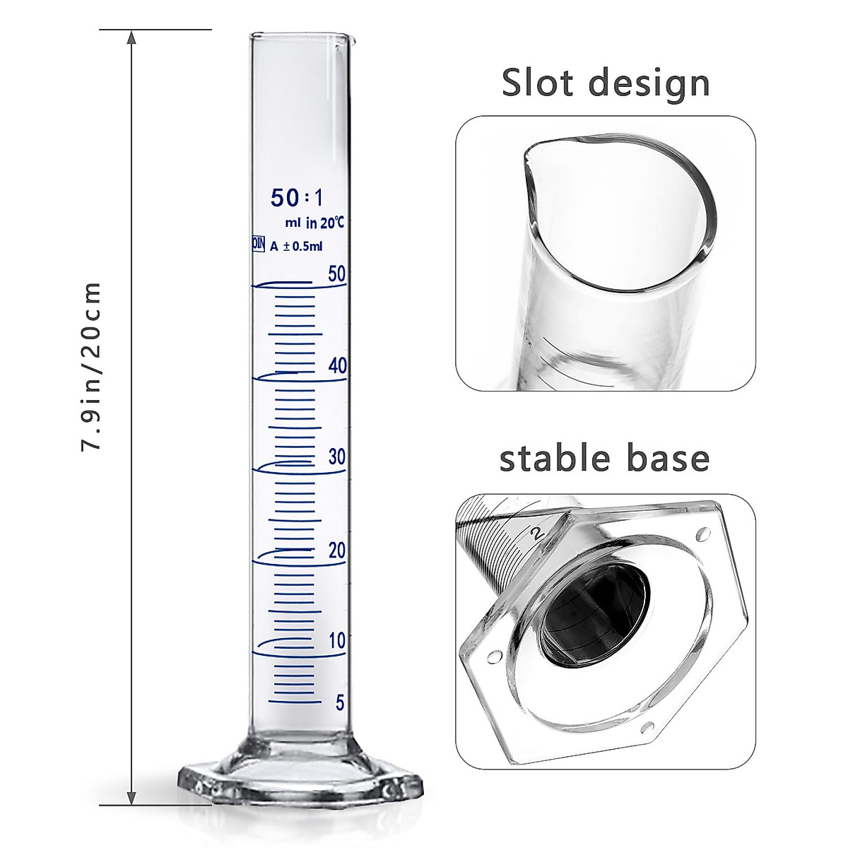 Thick Glass Graduated Cylinder Measuring Liquid Lab Hexagon Base Cylinders Come with Cylinder Brush (Glass, 50ML)