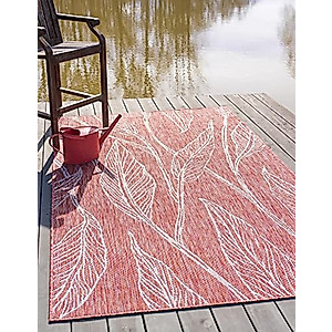 Unique Loom Outdoor Botanical Collection Area Rug - Leaf (7' 1" x 10' Rectangle, Rust Red/ Gray)