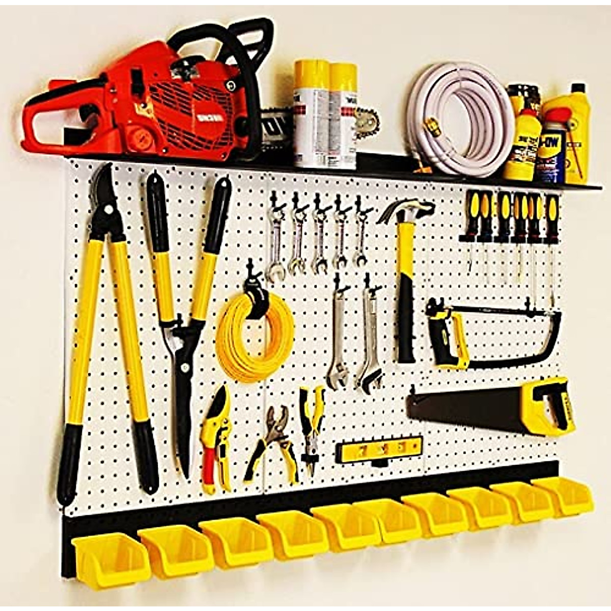WALLPEG Pegboard Wall Organizer 48- inch Garage Pegboard Panel Organizer Utility Tool Storage Kit with Tool board Peg Hooks Accessories, Wall Mounted Storage Bins, Lawn Tool Rack Overhead Shelf (White Pegboard)