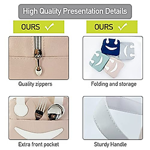 SineGux Cute Lunch Bag, Funny Smiley Reusable Lunch Tote Bag with PU Leather Handles, Insulated Lunch Box Organizer Lunch Containers for Women Men Work Travel Picnic (Pink)